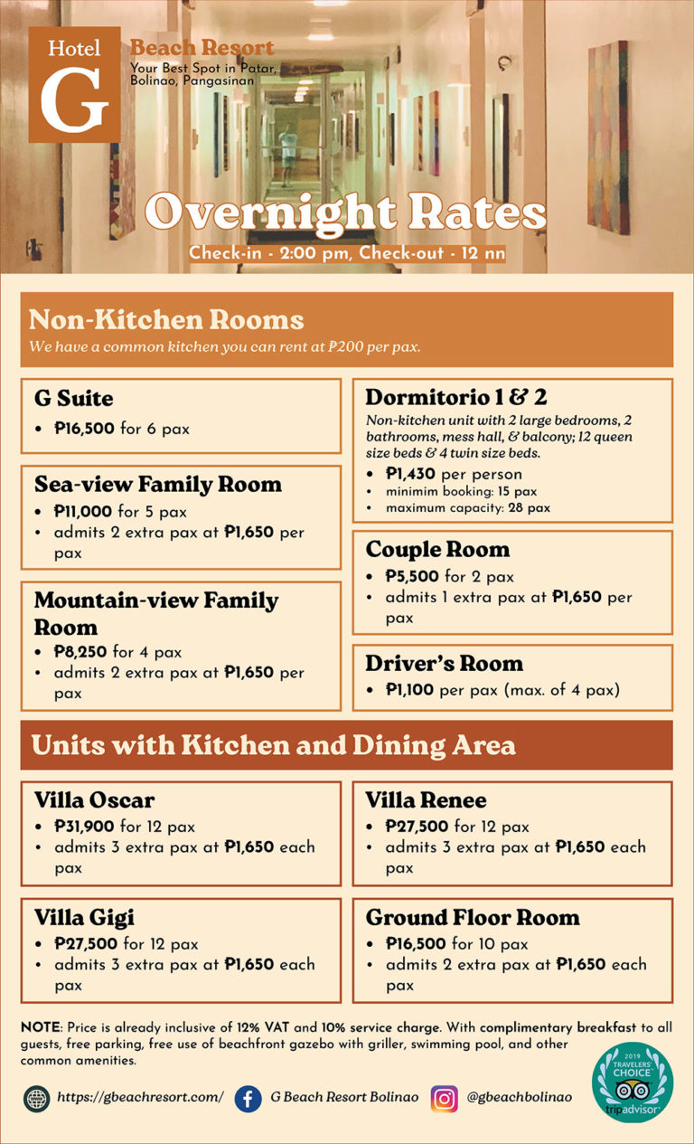 Rates – G-Beach Resort Patar White Beach in Bolinao, Pangasinan